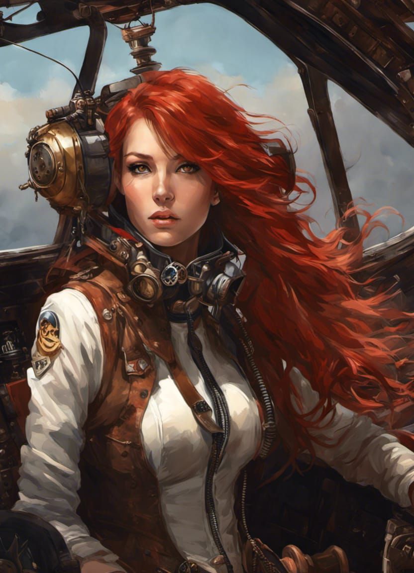 beautiful steampunk race pilot girl, racinf vessel cockpit, long red ...