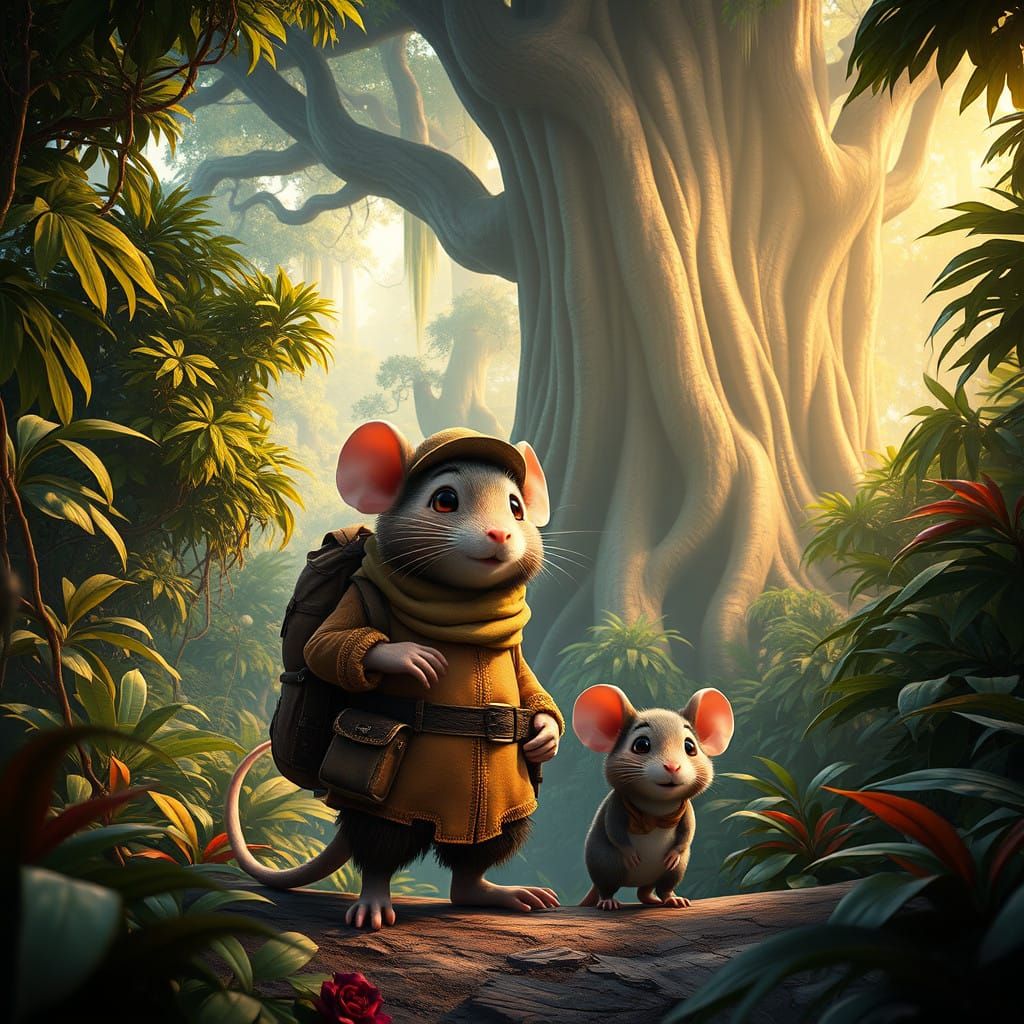 Magnificent Mouse Adventurer in Lush Jungle Landsc... - AI Art