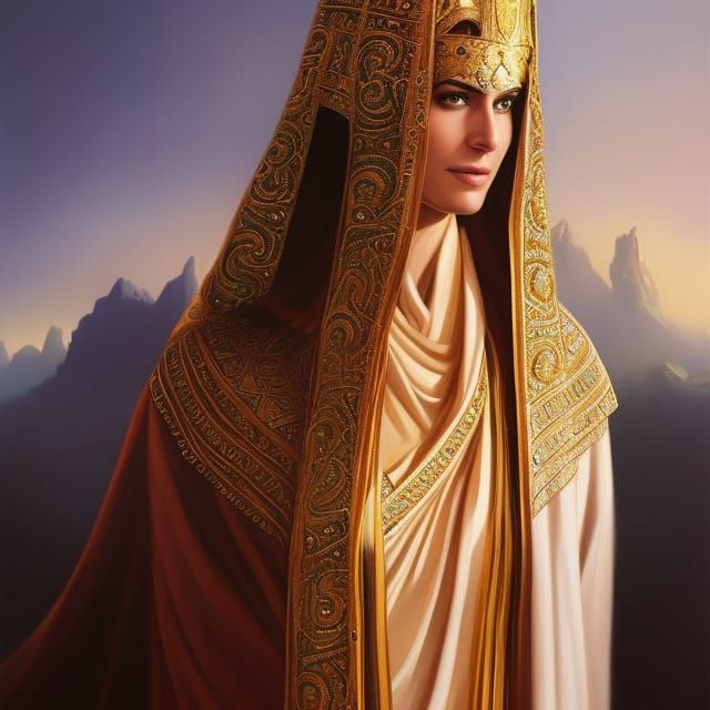 portrait of sumerian goddess, wearing shawl and tunic, at the gates of ...