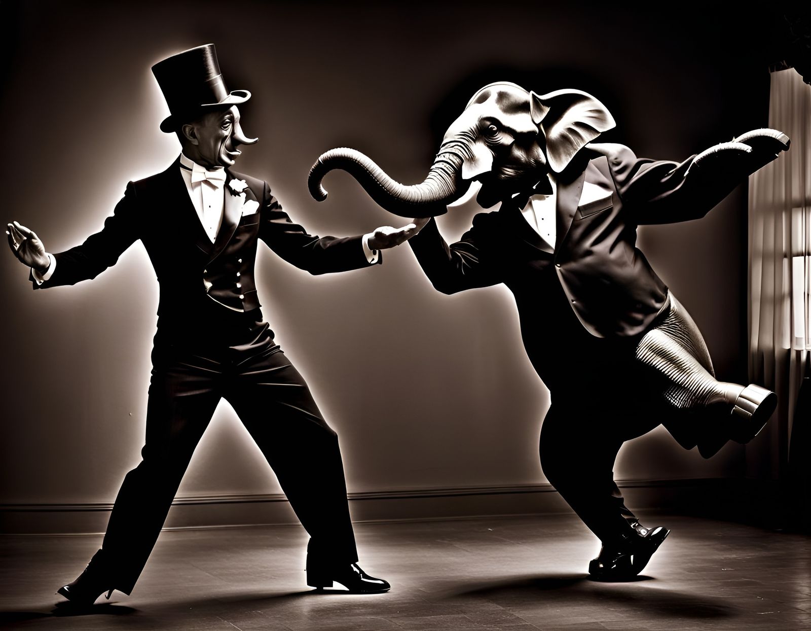 anthropomorphic elephant dancing in top-hat and tuxedo Fred Astaire by ...