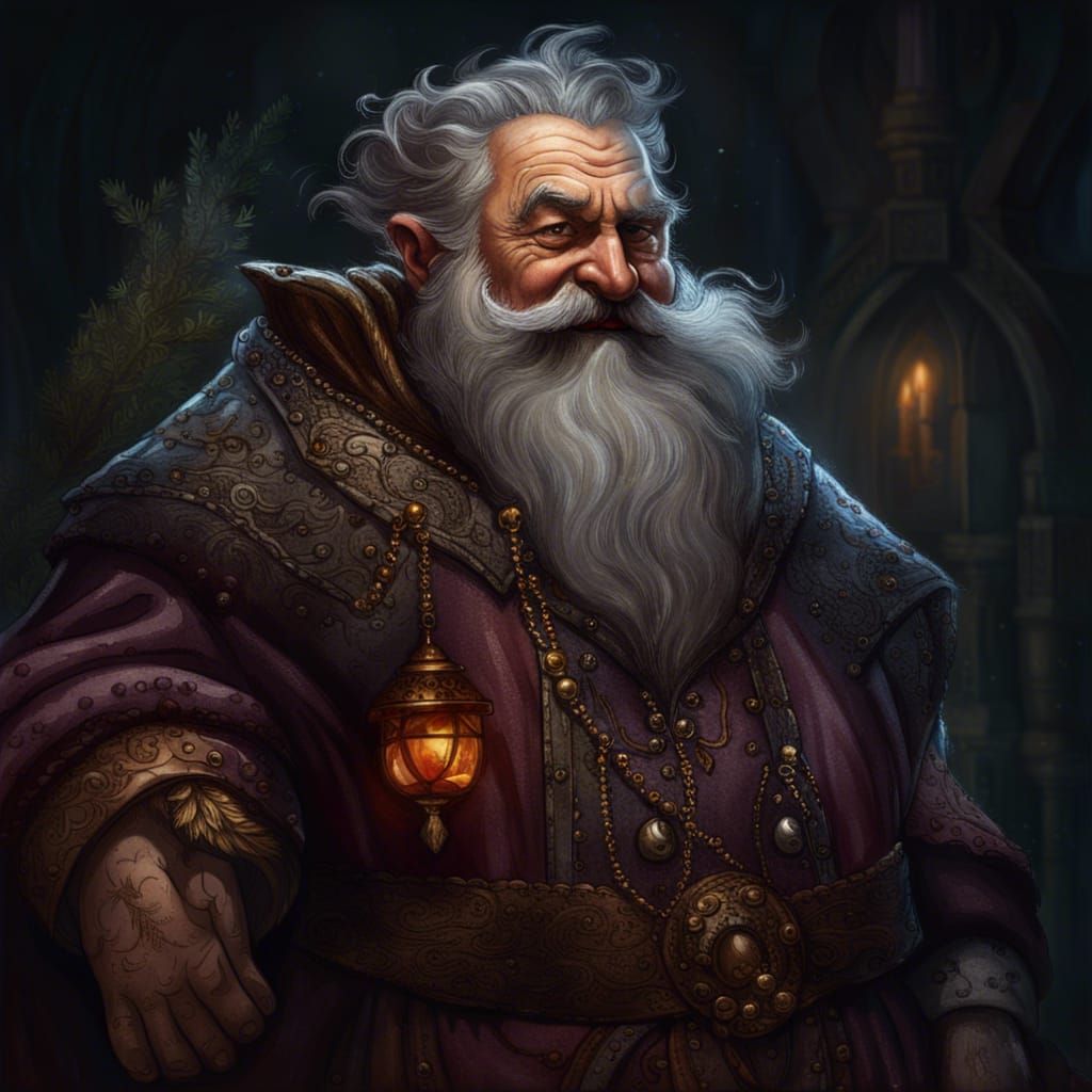 A fatherly, friendly, happy dwarfen priest with a exaggerated long and ...