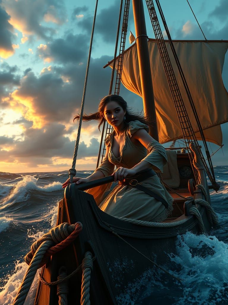 female human stormy sea sailing ship