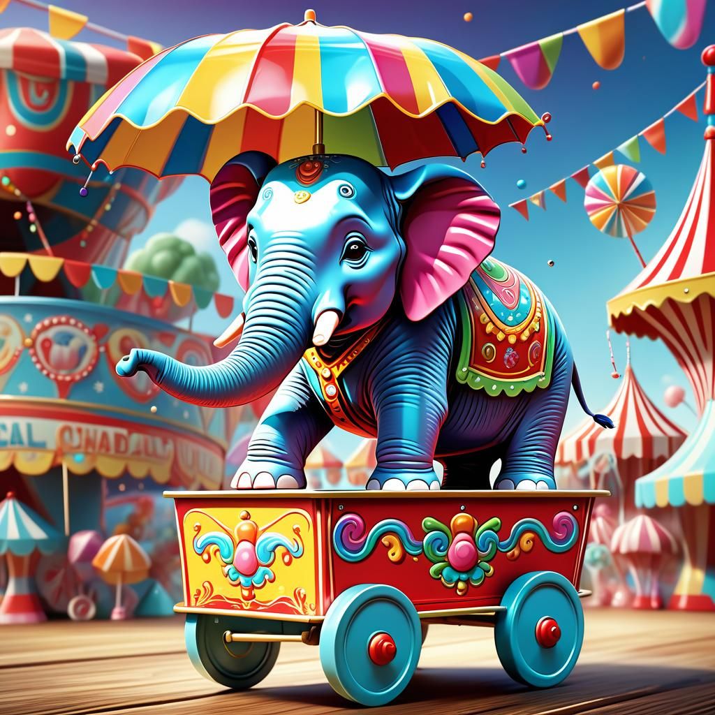 Old toy tin musical circus elephant wind up toy with spinning umbrella ...