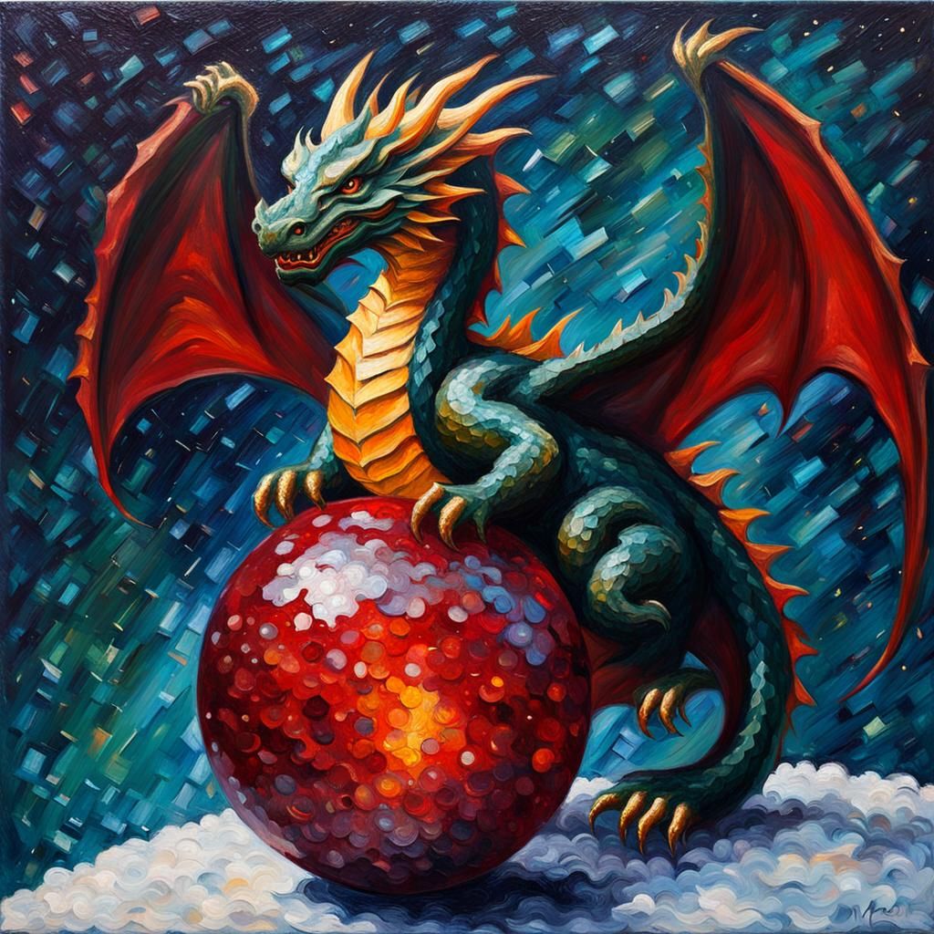 A Bloodstone inspired dragon sitting on a sparkling orb as a Christmas ...