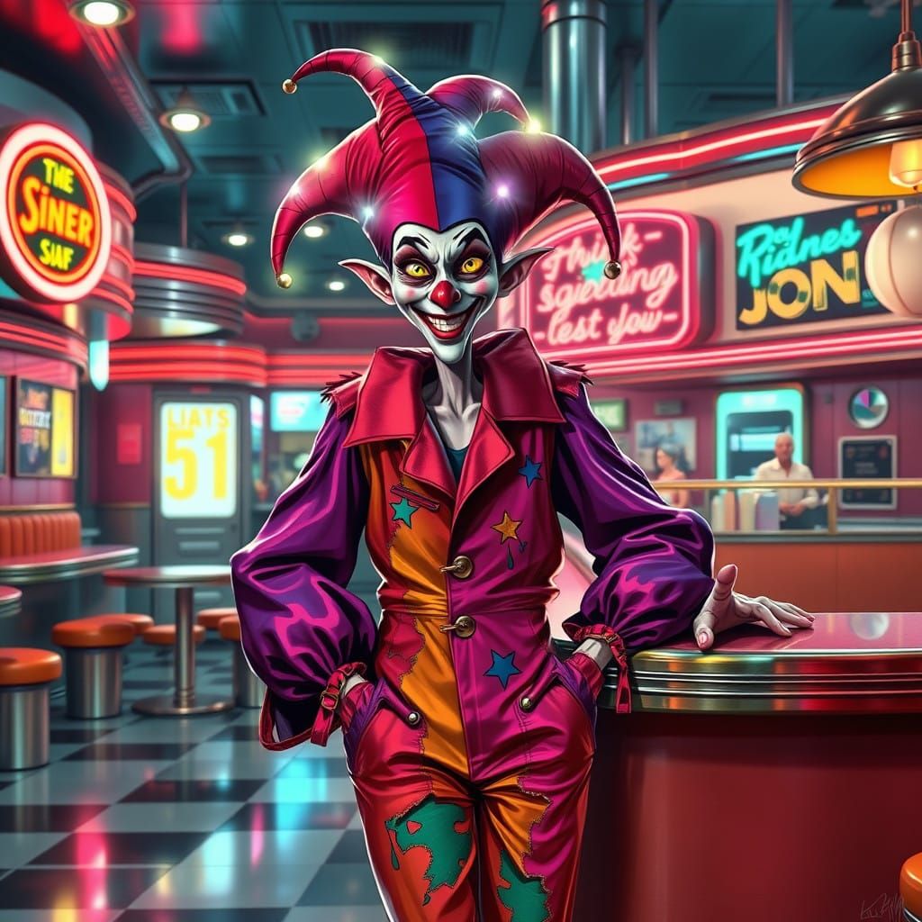 Whimsical Jester in Retro Futuristic Diner - AI Art