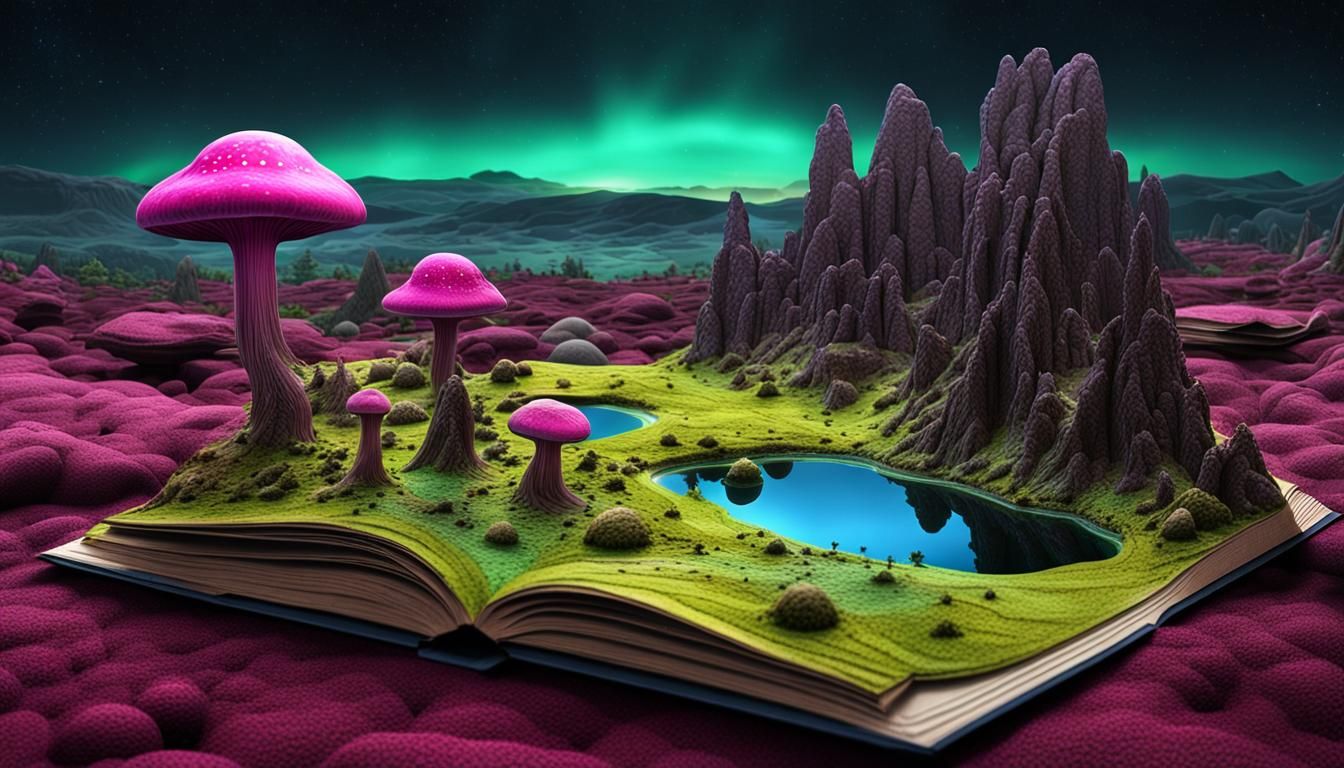 Colorful pop-up book scenes showing Strange alien planet, dark moody ...
