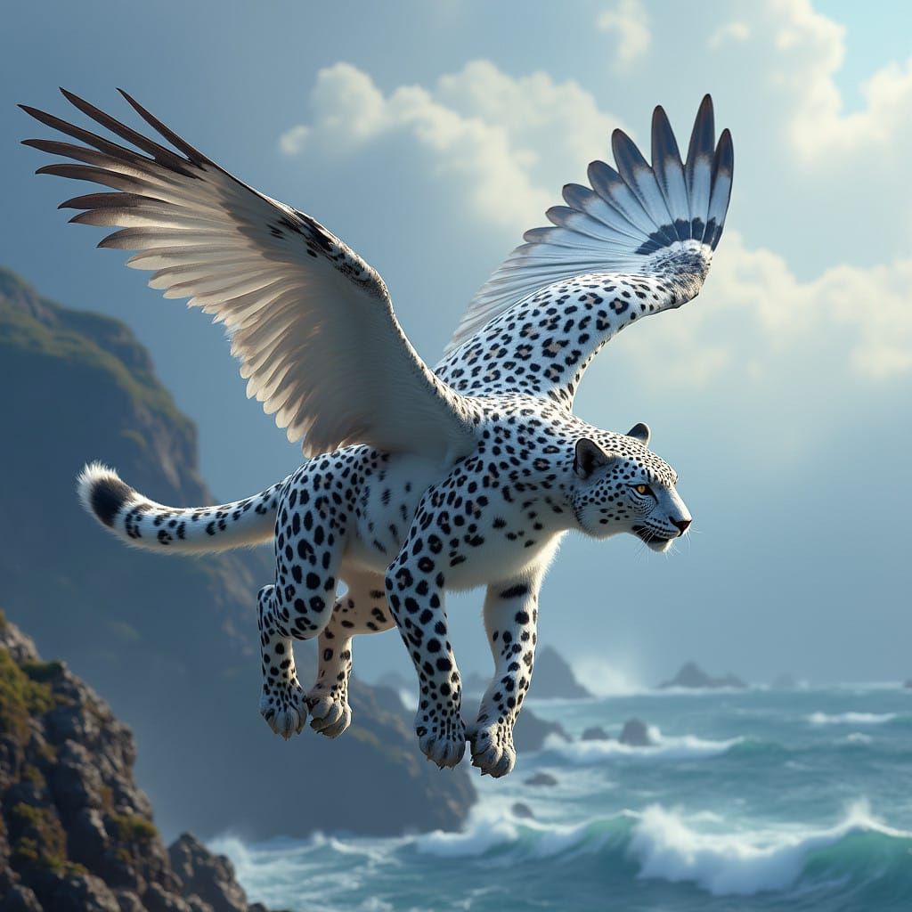 Flying Griffin of Stormy Coastline, Half Snow Leop... - AI Art