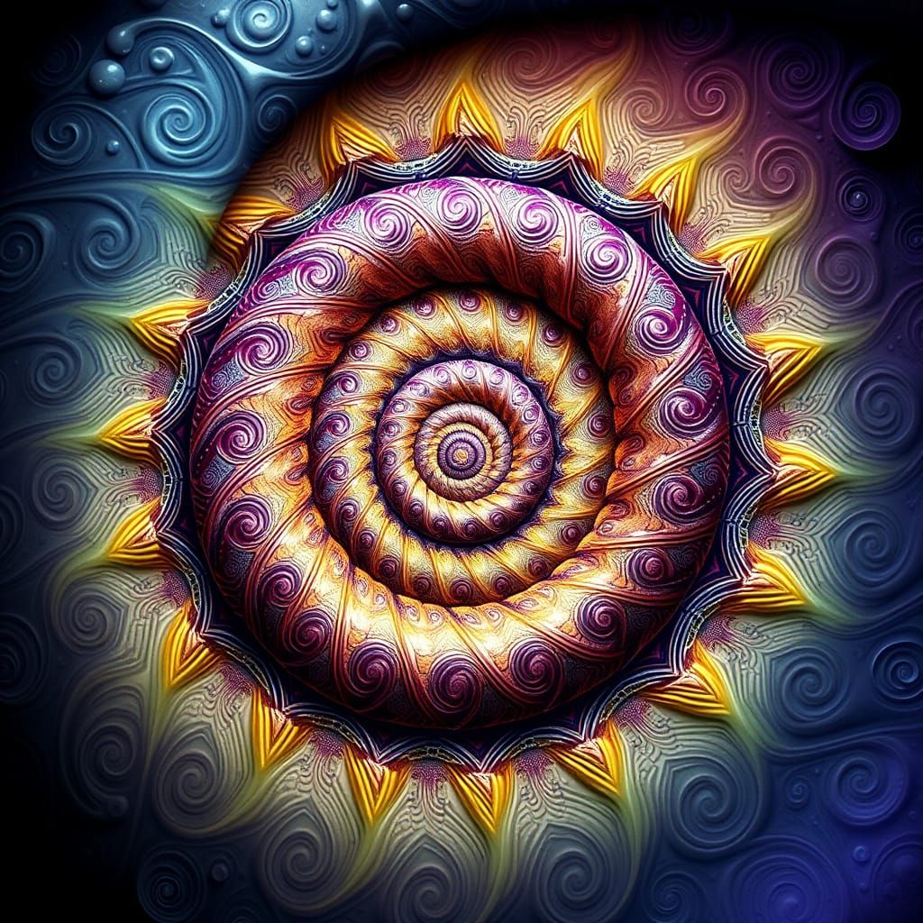 Fractals Art. A snail shell starts as a colorful mandela pattern and ...