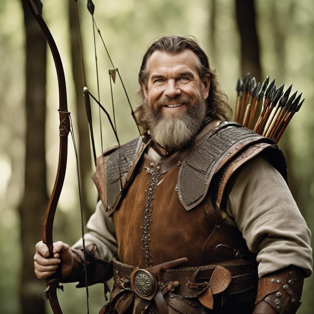 short dwarven archer, holding a longbow, beard, grin, leather armour ...
