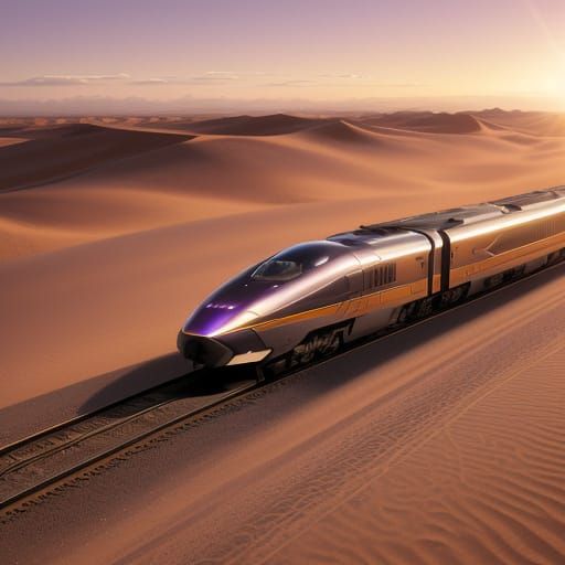 Photorealistic futurustic supersonic train in the sunrise