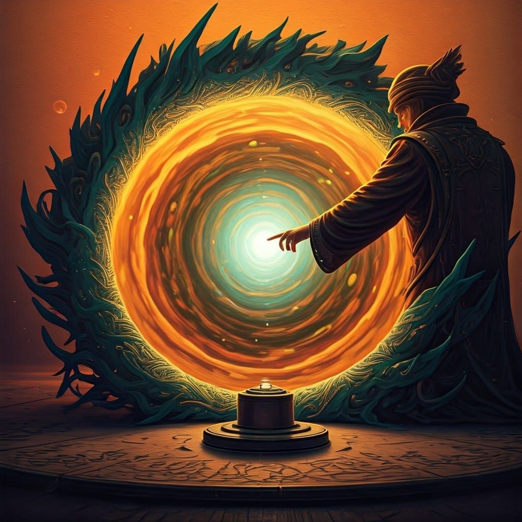 Realistic oil painting. surreal scene where pressing a button opens a ...