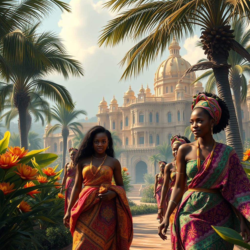 African Princesses Stroll Through a Vibrant Oasis ... - AI Art