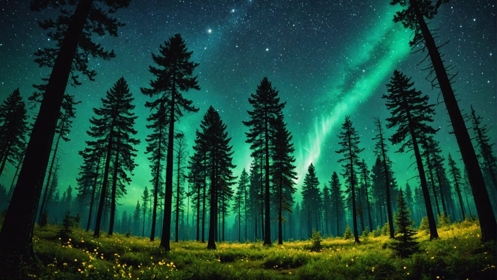 Photograph, enchanting forest full of fireflies, starry night sky with ...