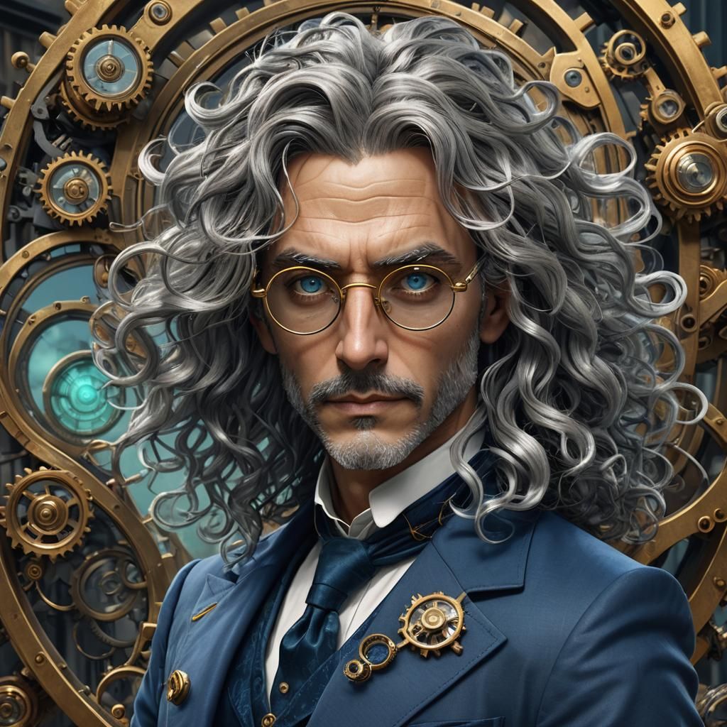 a mad inventor of mechanisms. grey long wavy hair going up with one ...