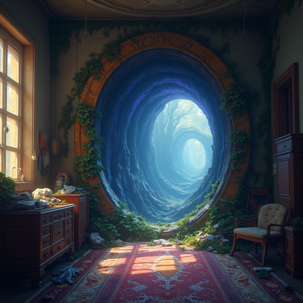 a portal into a mythical forest on the wall of my small messy bedroom