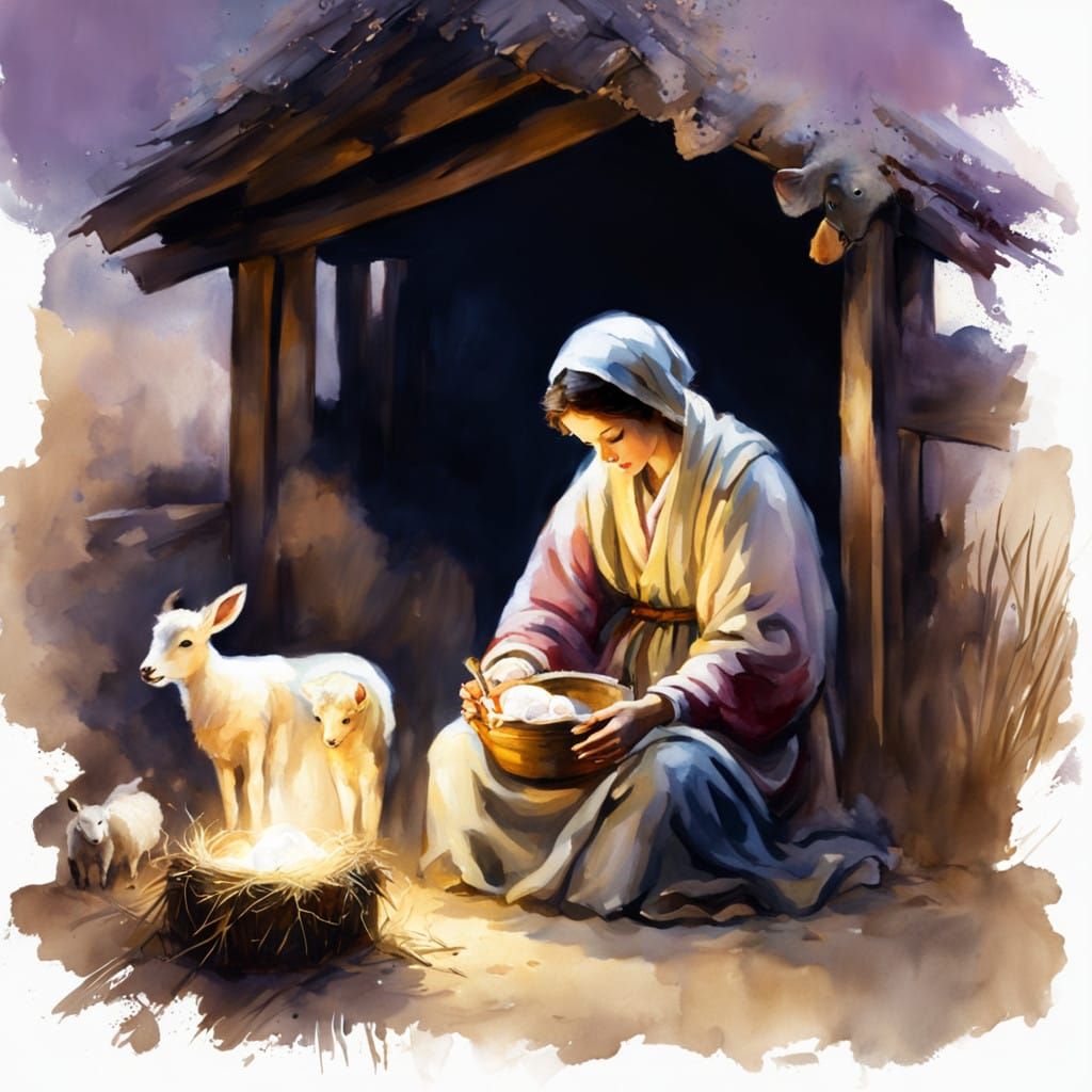 Vintage Watercolor Nativity Scene in a Serene Rura... - AI Art