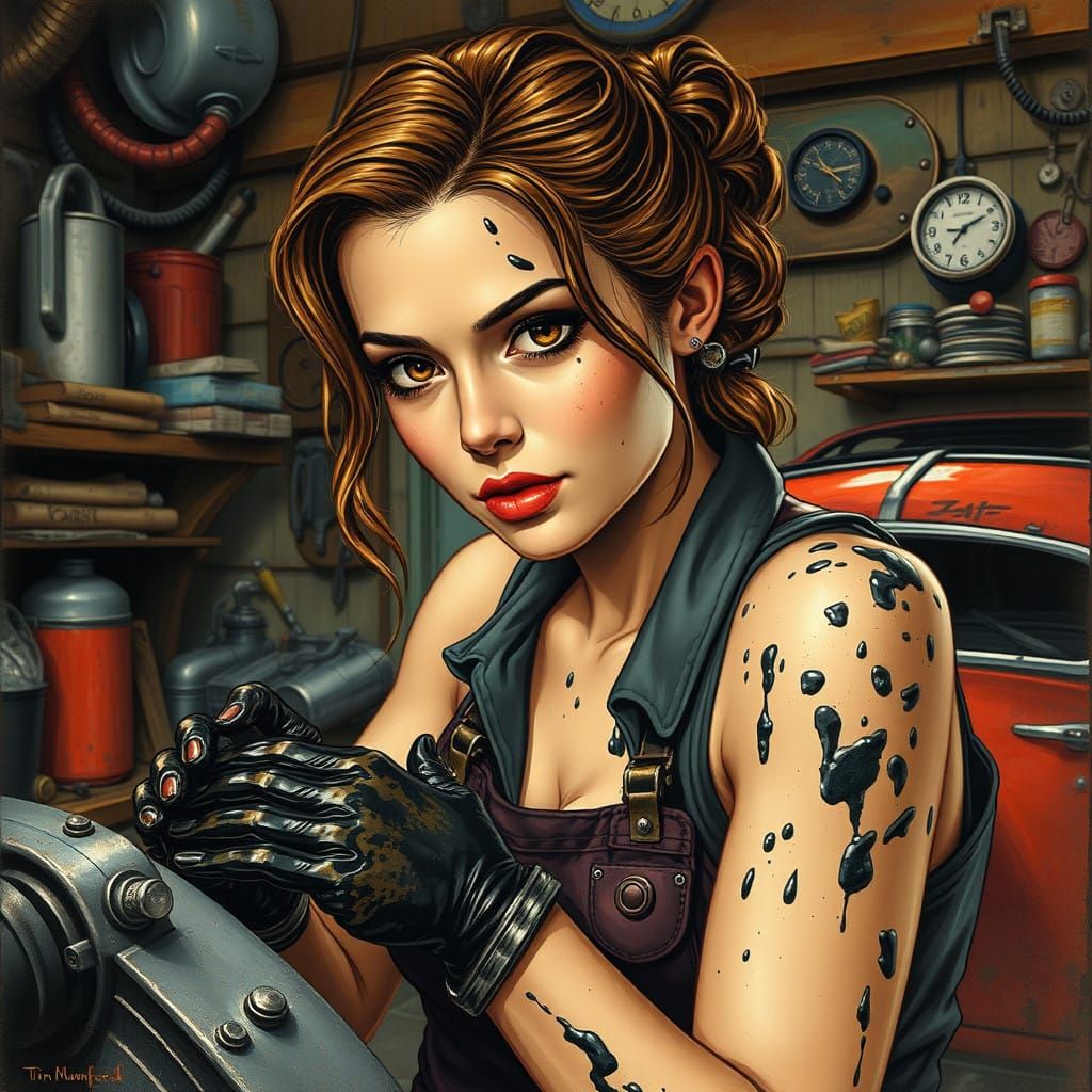 A Beautiful mechanic covered in grease, working on a vintage car in a ...
