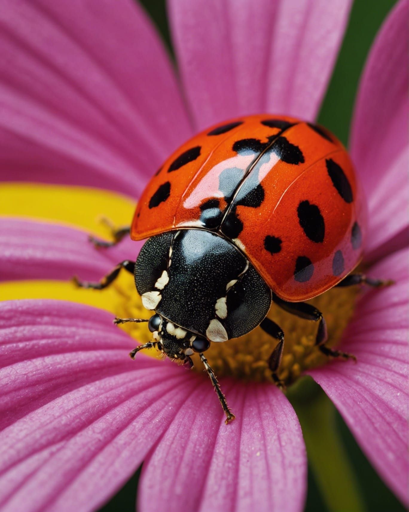 Close-up of a ladybug on a neon flower petal in macro photography - AI ...