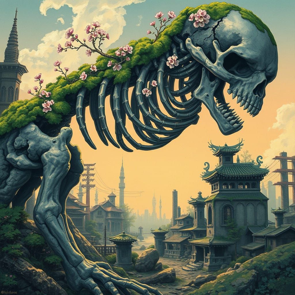 An ancient skeleton with vegetation and flowers growing from it, the ...