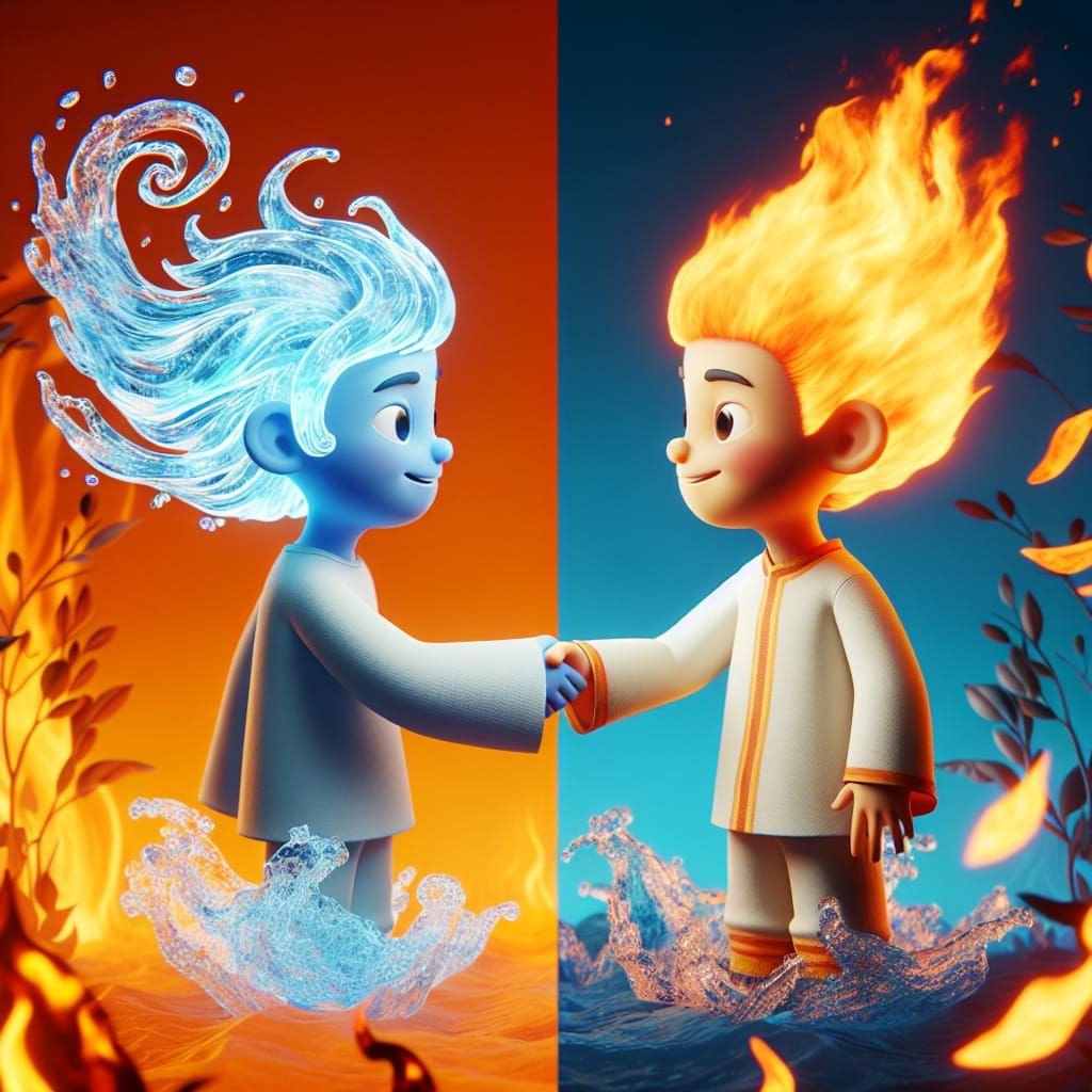 Fire and Water Elemental Friends in Whimsical Earl... - AI Art