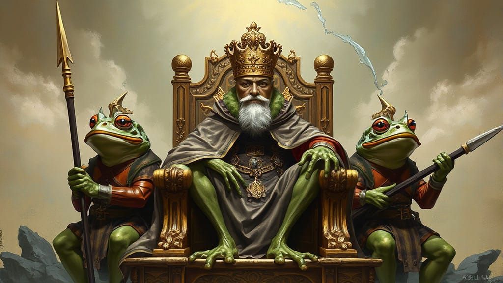 Regal Frog Monarch Surrounded by Uniformed Frog Gu... - AI Art