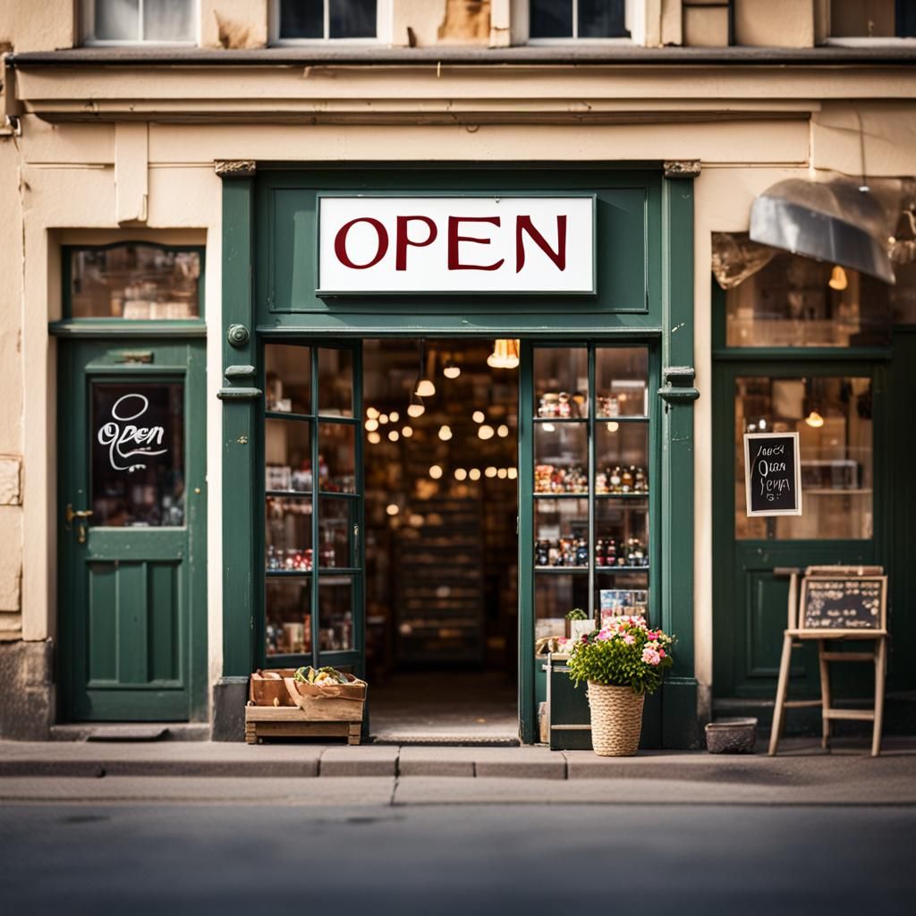 A shop with a sign "open" on the door - AI Generated Artwork ...