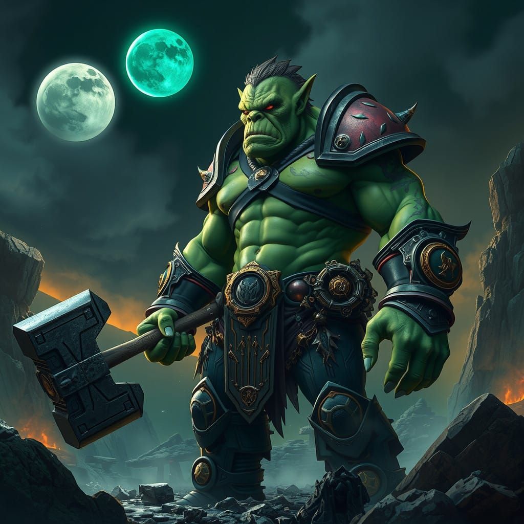 Cyberpunk Orc Warrior Stands Tall on Alien Battlef... - AI Art