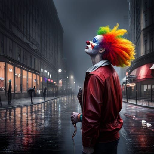 Clown in the rain. - AI Generated Artwork - NightCafe Creator
