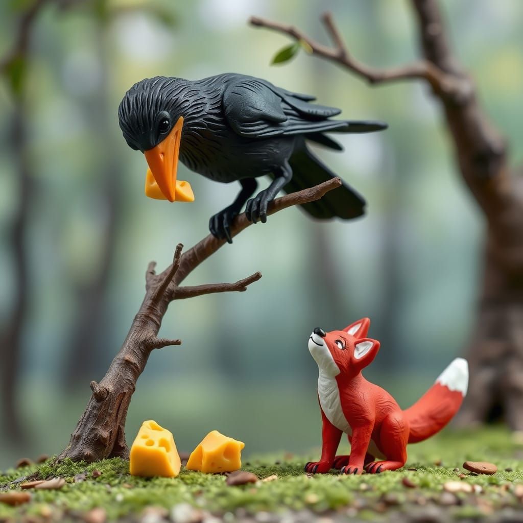 Clay crow and fox - Whimsical Clay Forest Scene with Crow an...