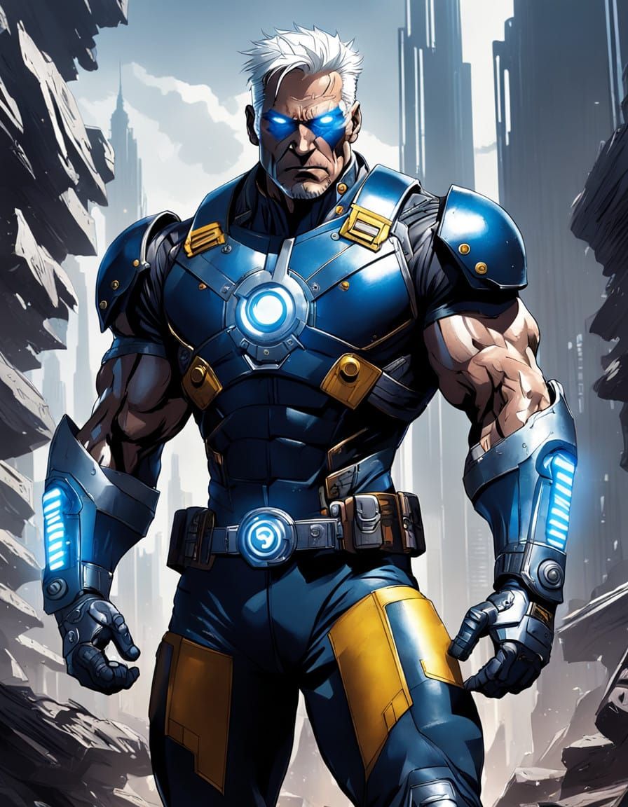 Cybernetic Hero Cable in Dark Blue Armor Stands Ta... - AI Art