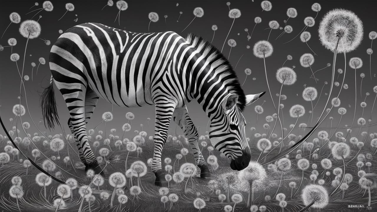Zebra in a Million Dandelion dreamscape, making wishes , Salvador Dali collaboration Paul Klee ...