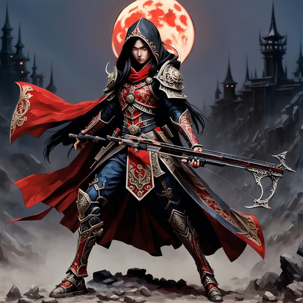 Fullbody photoshoot, "Druchii Assassin", fighting stance, black hair ...