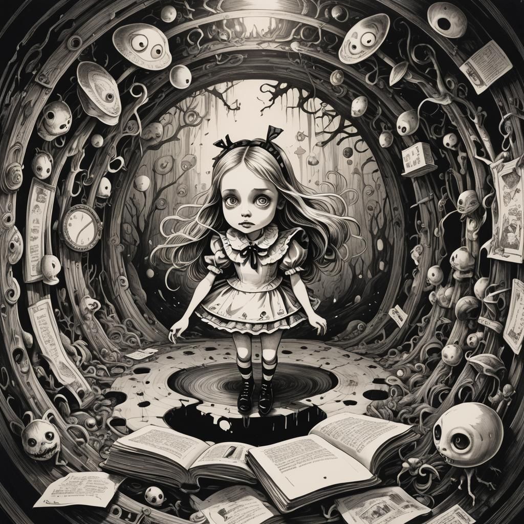 black and white pen and ink sketch John Tenniel style with a vignette ...