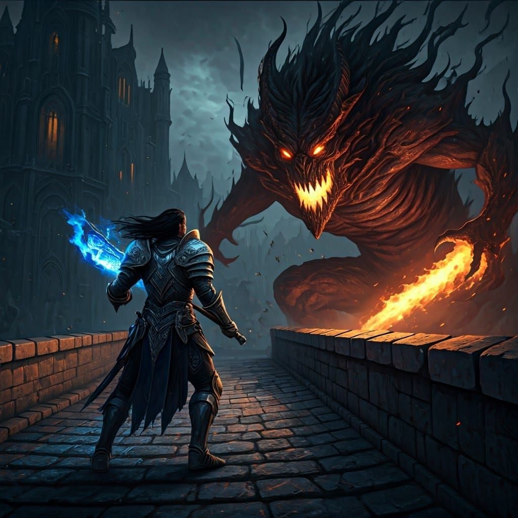 A warrior facing a demonic monster.