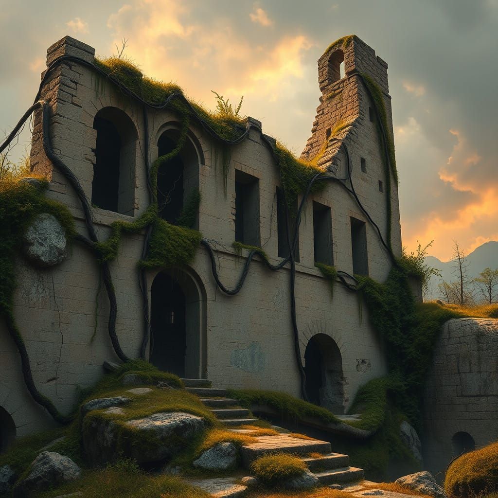 Worn, Crumbling Edifice in Dystopian Landscape - AI Art