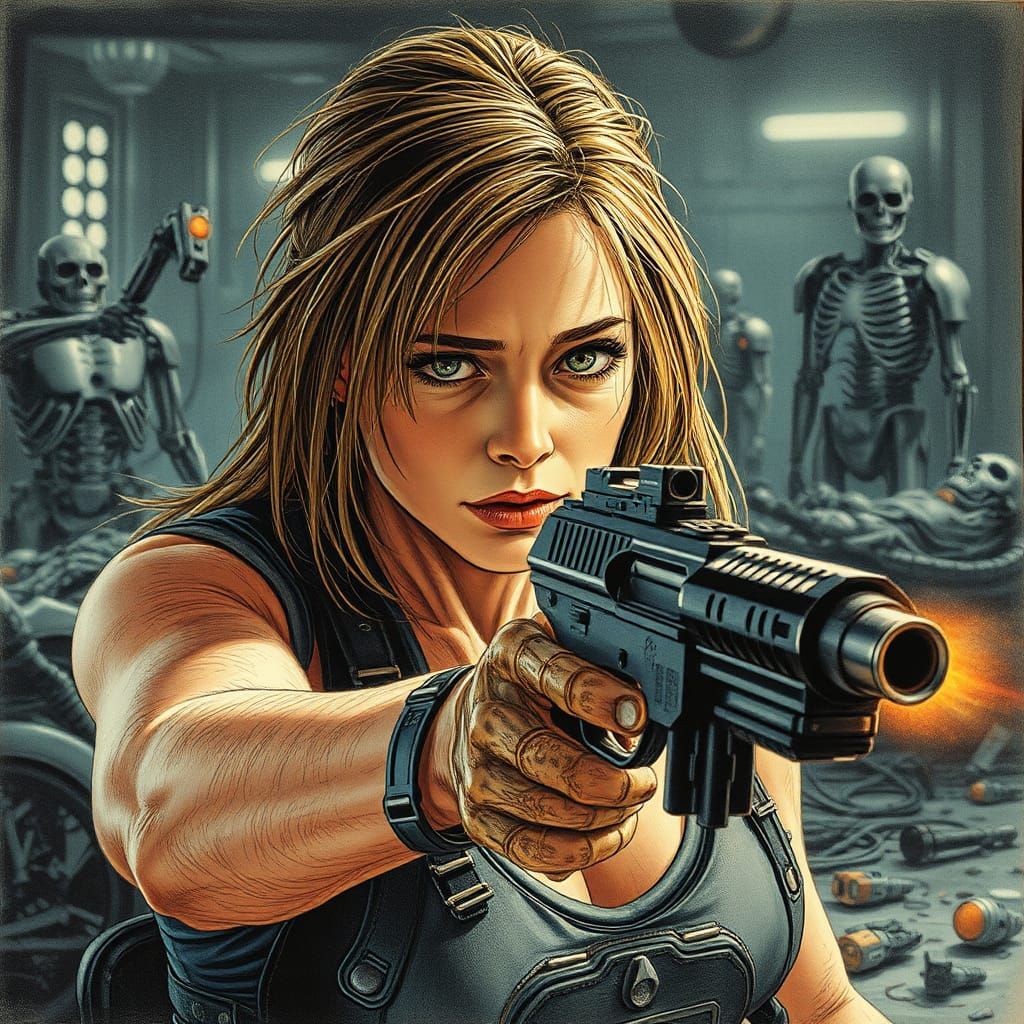Portrait of tired, apocalyptic survivor Sarah Connor shooting at the ...