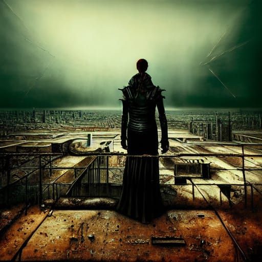 Dystopian Goth Model Gazing Over Decaying Cityscap... - AI Art