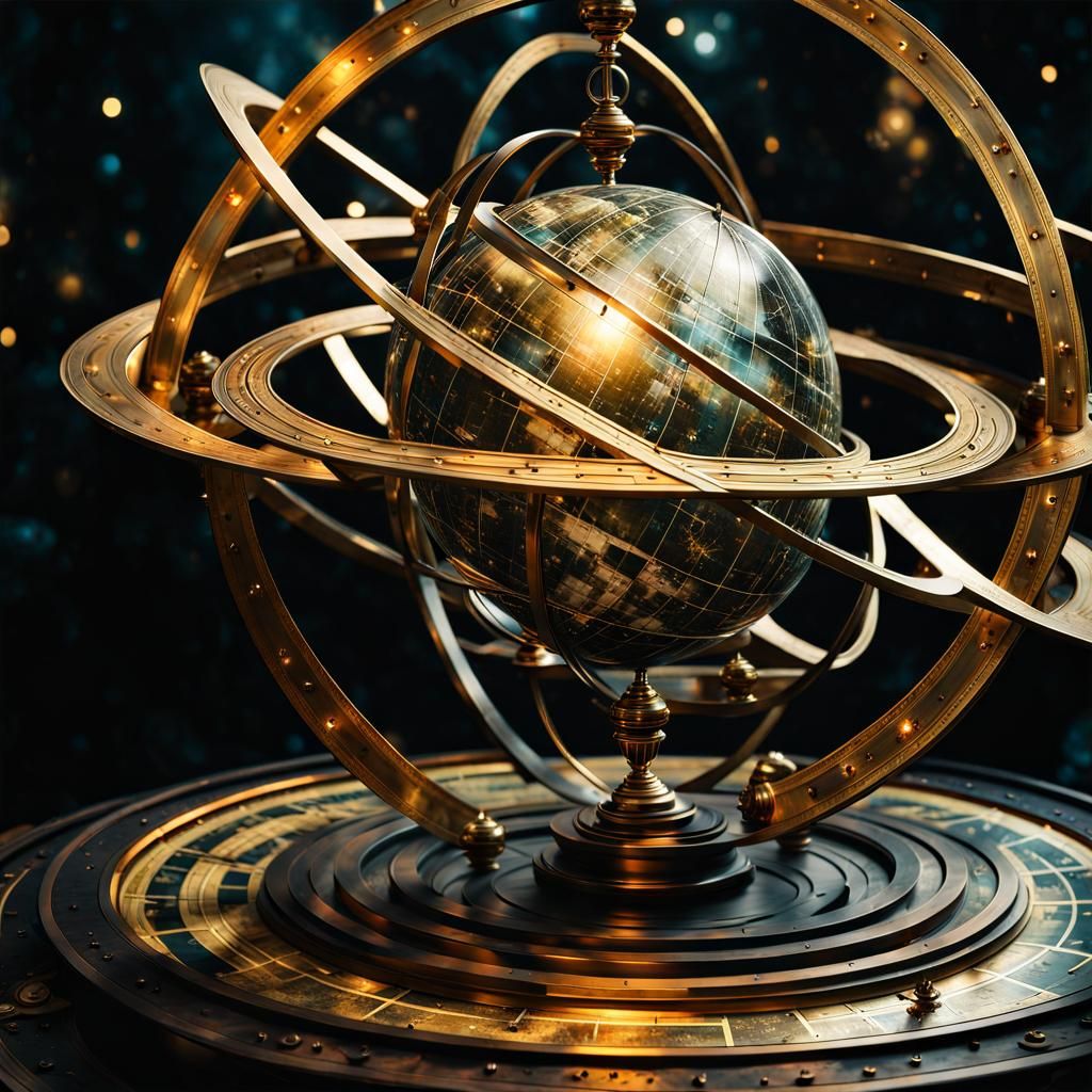 visually striking and complex Armillary Sphere made of metal with Concentric metal rings with ...