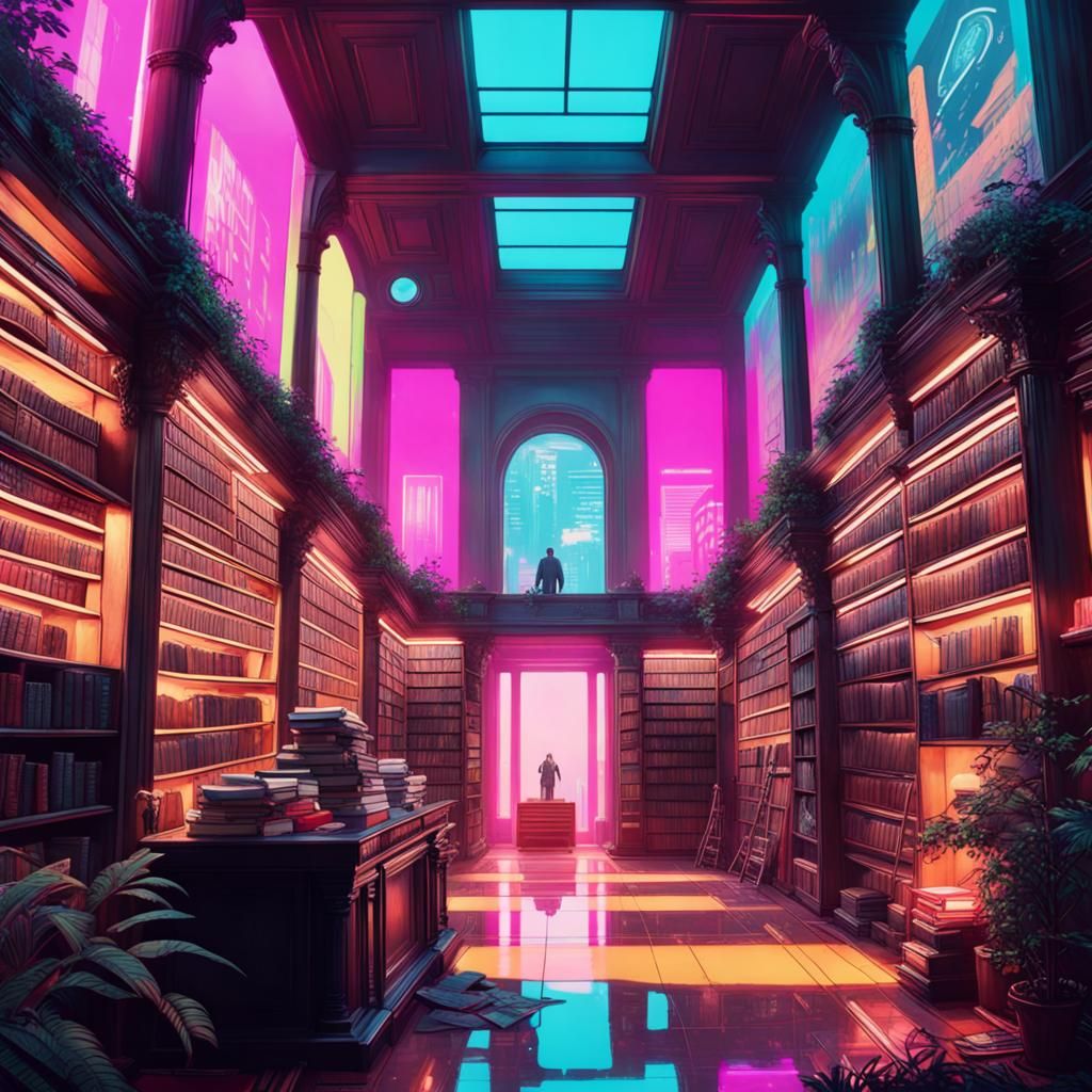Cyberpunk overgrown library - AI Generated Artwork - NightCafe Creator