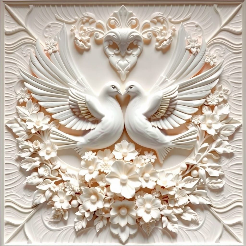 Love Sign - Ornate White Doves in Floral Bas-Relief Sculptur...