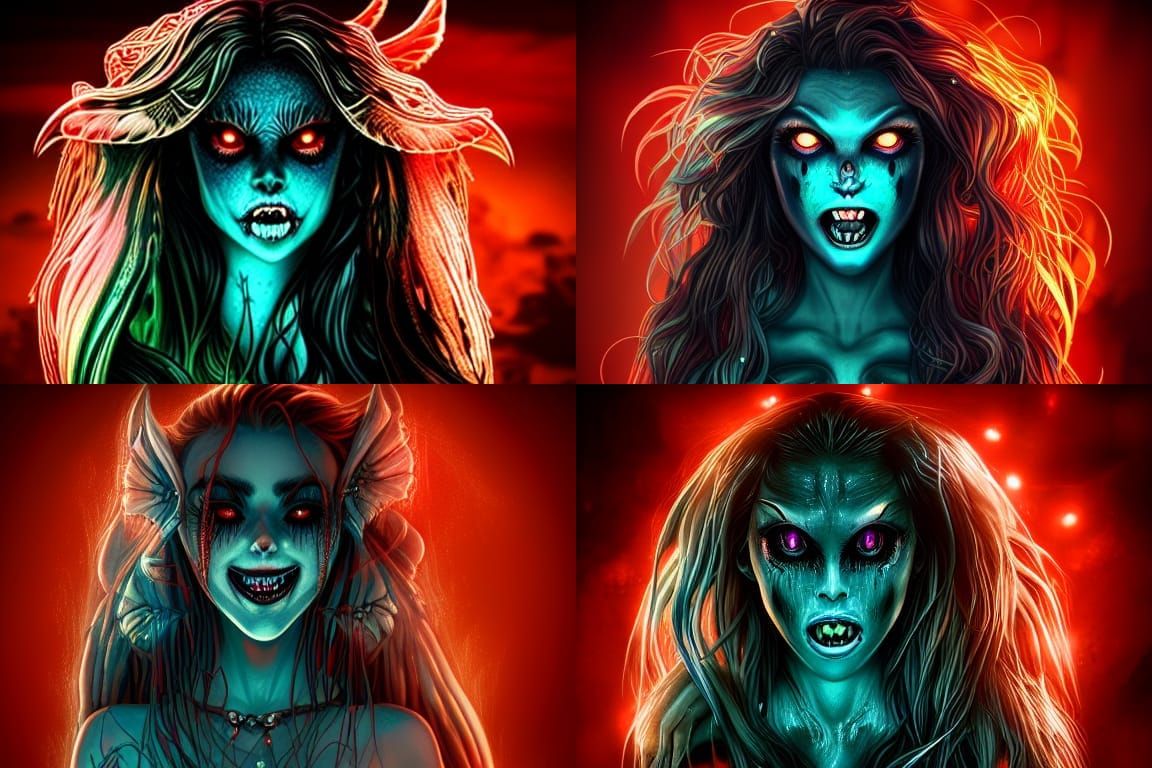 WLOP; horror, beautiful demonic sinister fangs mermaid with glowing ...