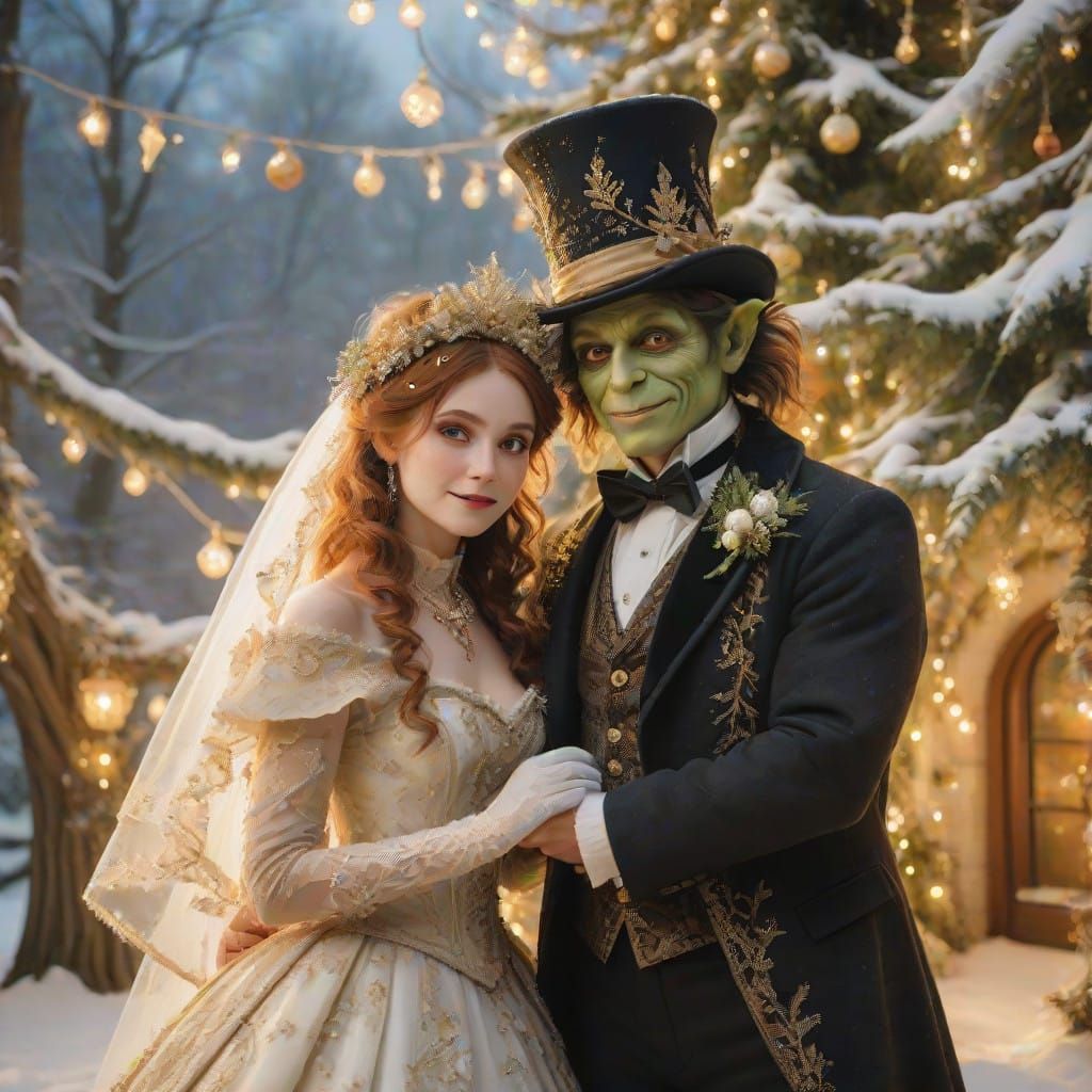 Stunning Goblin bride and groom in Christmas Wedding