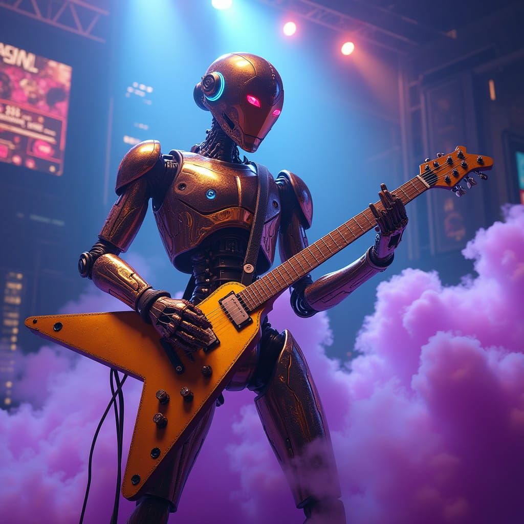 Robot Rock Star Shreds in Cyberpunk Cityscape - AI Art