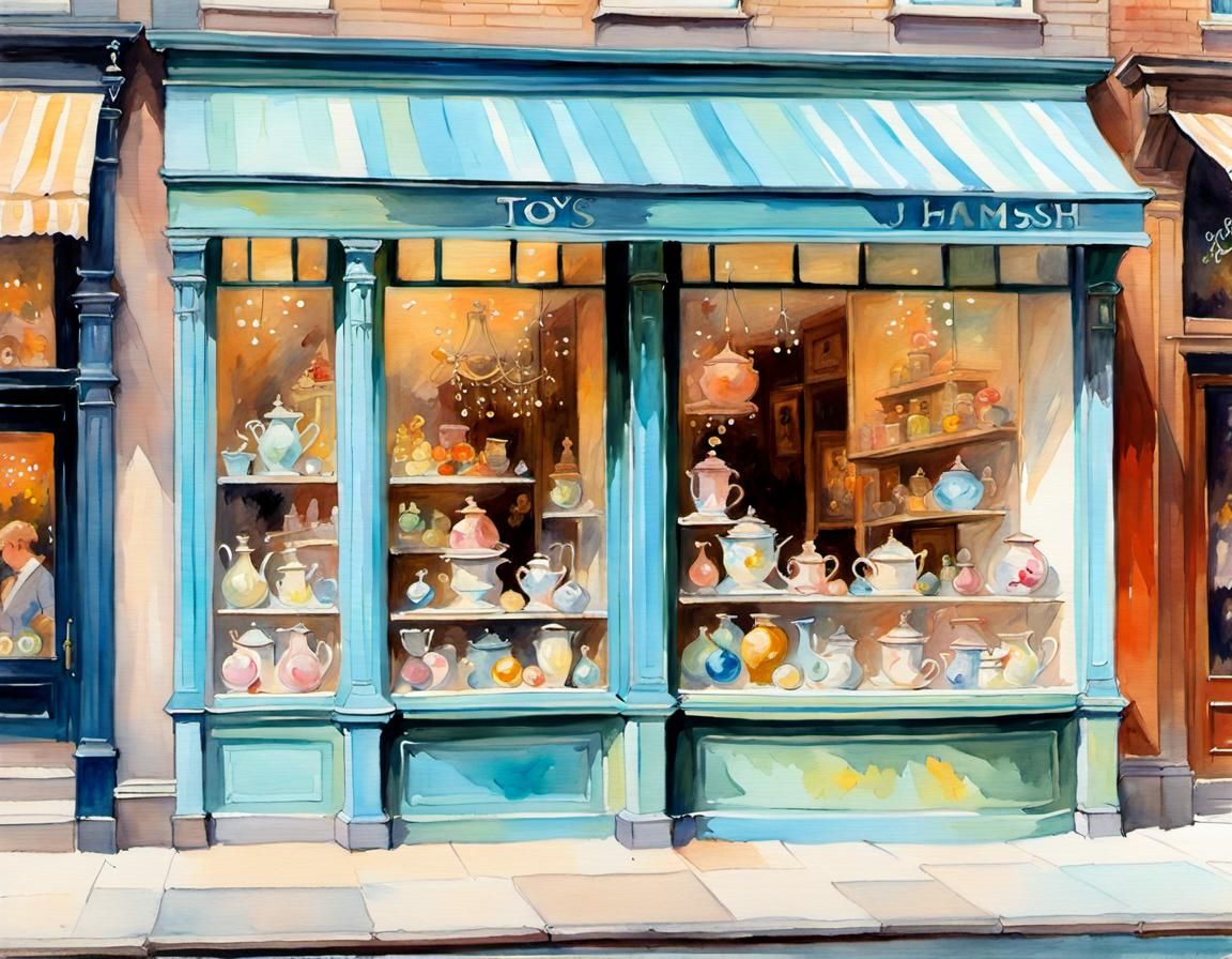 Watercolor painting of whimsical shop window display in 1910s England ...