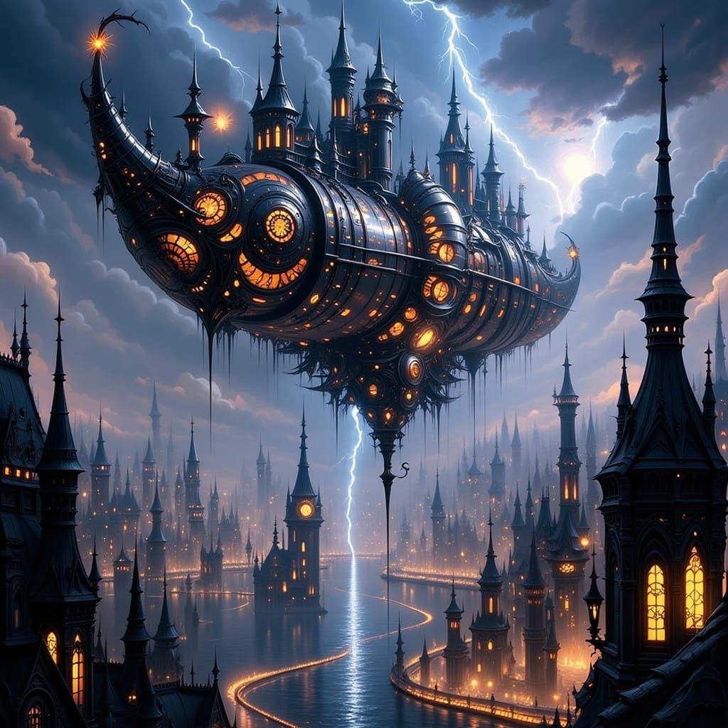 Steampunk Airship in Haunted City, Dark Fantasy Ar... - AI Art