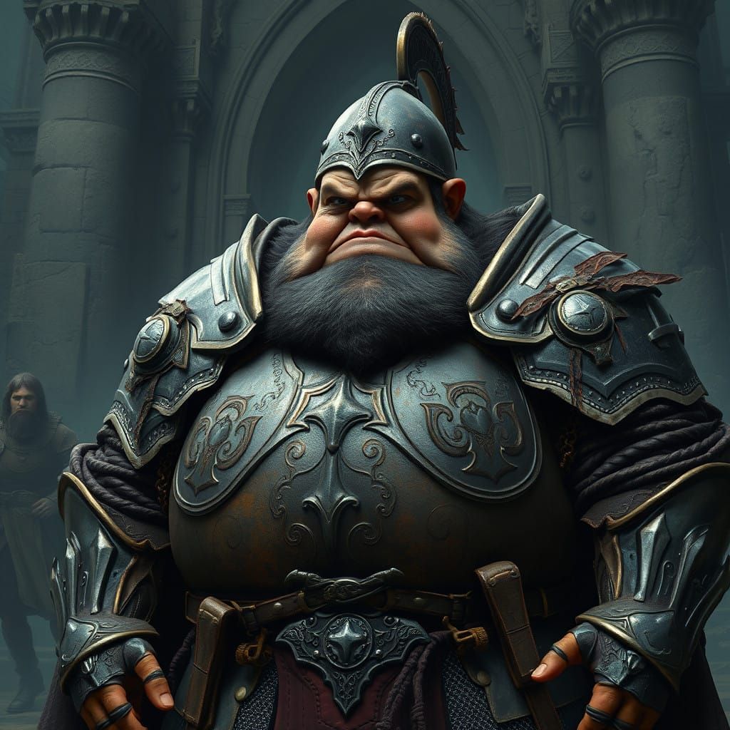 A huge obese man with an enlarged chin in full medieval knight armour