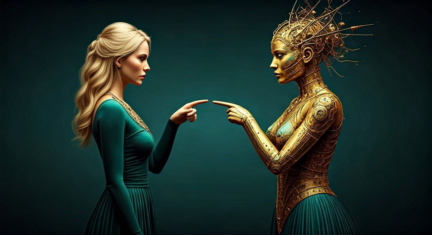 A Modern Woman Meets a Golden Android in Futuristi... - AI Art