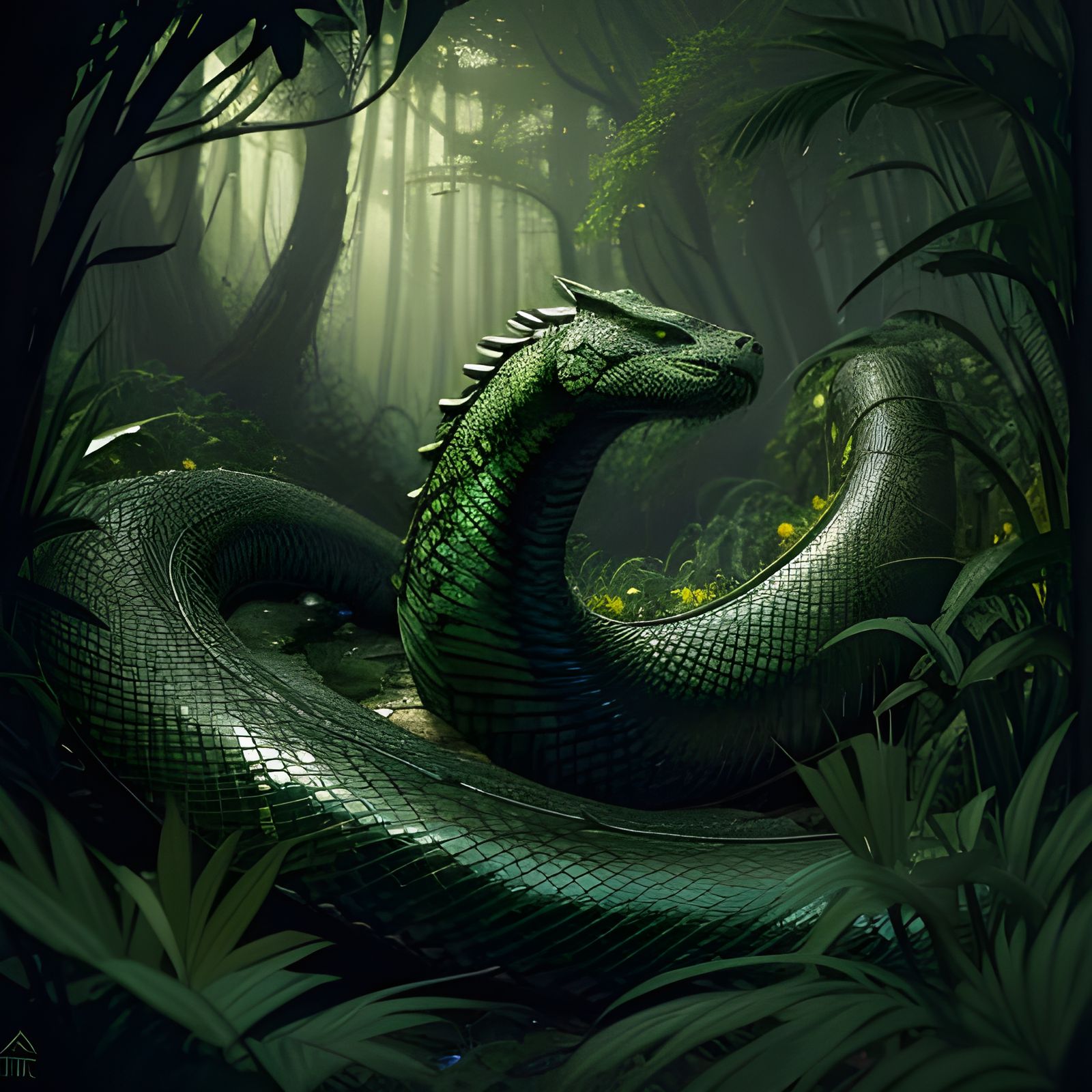 “A graceful and powerful serpent slithering through a vibrant, mystical ...