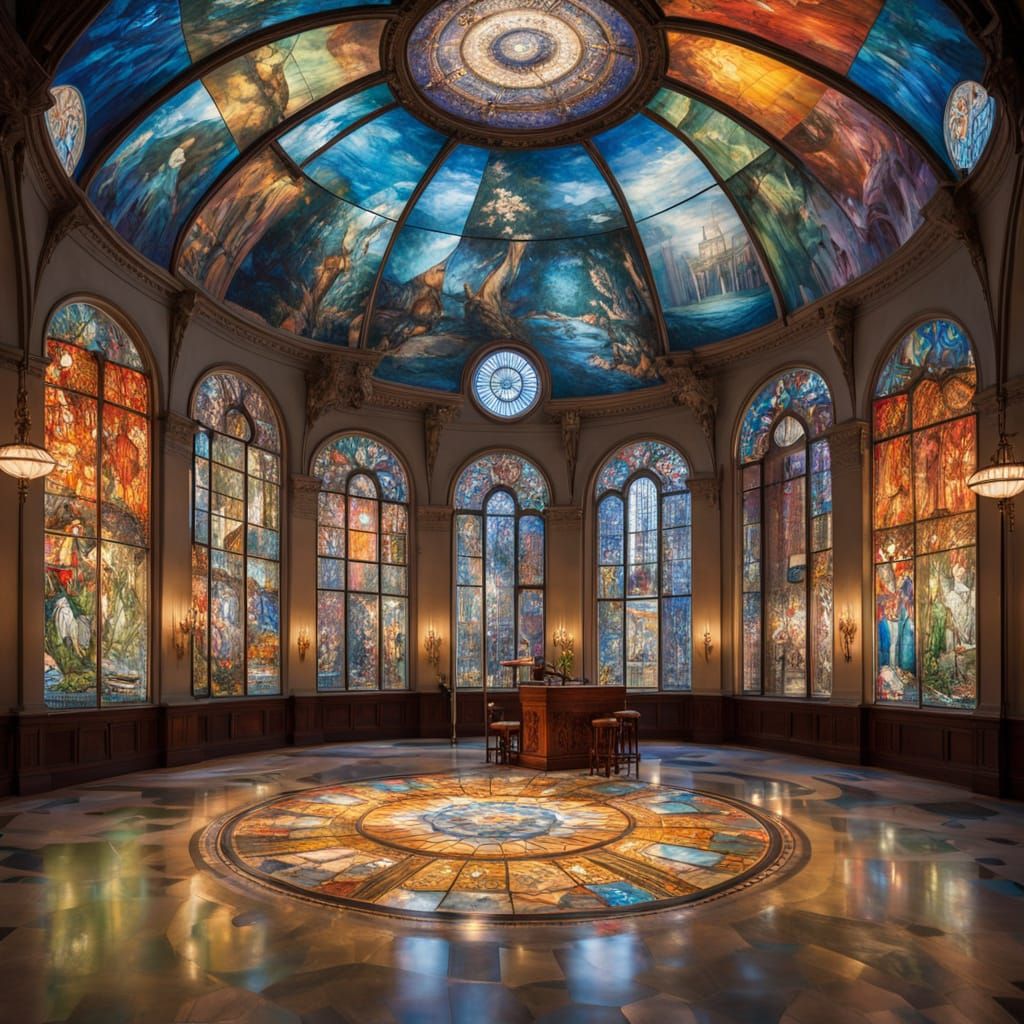 Realistic photo of a magnificent, large, circular art gallery. The ...