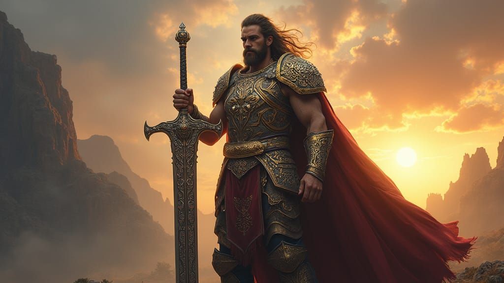 Norse God Tyr Wields Two-Handed Sword with Nordic ... - AI Art